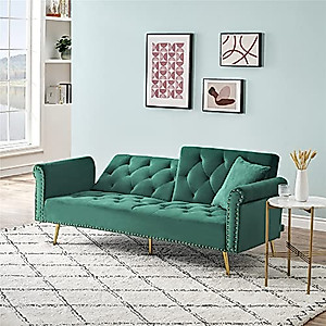 PBOGHLRD Convertible Velvet Loveseat Sofa, Upholstered Nail Head Futon Sofa Bed with Two Pillows, Modern Sleeper Couch Bed for Living Room, Bedroom, Home Office (Green)