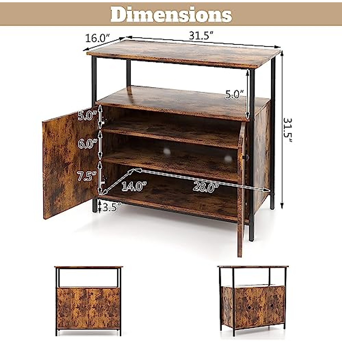 GLOBALWAY Industrial Buffet Storage Cabinet, Coffee Bar Cabinet with 1 Open Shelf, 2 Doors & 3 Interior Shelves, Freestanding Floor Cabinet for Kitchen, Dining Room, Cafe, Rustic Brown