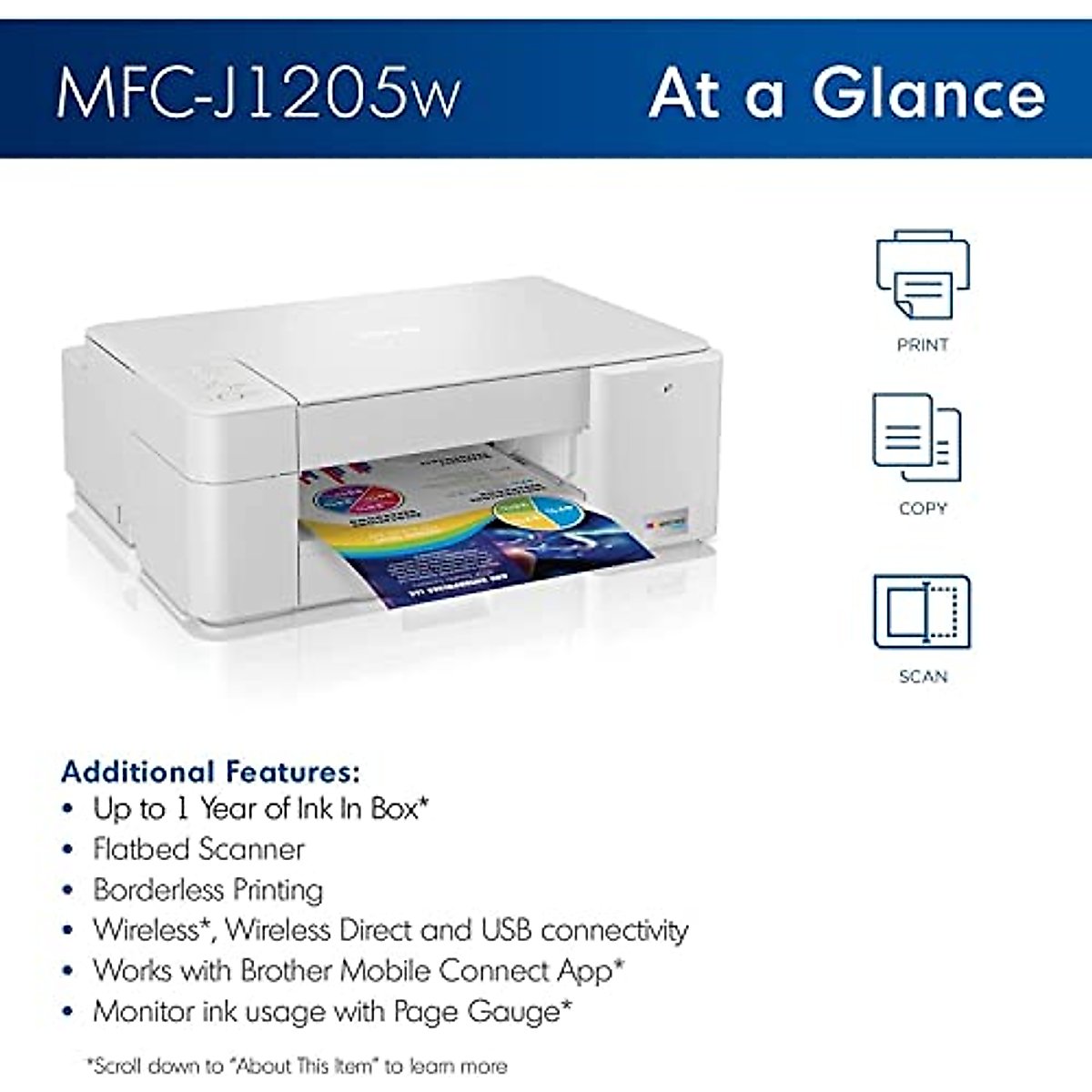 Brother MFC-J12 Series All-in-One Color Inkjet Printer, Copy, Print, and Scan, 9ppm in Color, 150 Sheets, Mobile Printing, Bundle with MTC Printer Cable