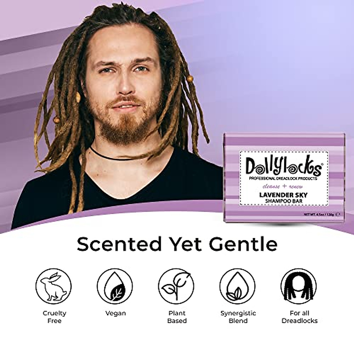 Dollylocks Organic Shampoo Bar for Dreadlocks, Vegan Shampoo with Coconut Oil, Essential Oils, Sea Salt, Plant-Based Shampoo Bars for Hair, Residue Free and Cruelty Free - (4.5oz) Lavender Sky