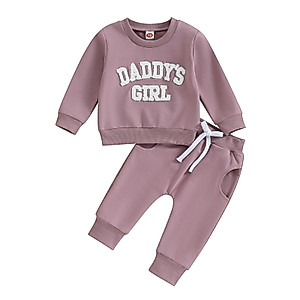 FIOMVA Daddys Girl Baby Clothes Toddler Fall Winter Outfits Sweatshirt Pants 2 Piece Set Shirt Sweatpants Suit (H Embroidered Daddy's Girl Purple, 18-24 Months)