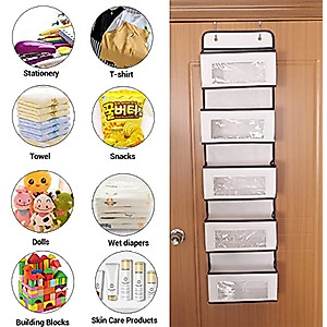5-Shelf Over Door Hanging Organizer Storage,5 Large Pockets with Clear Windows，2 Metal Rings for Large Hanging Weight for Nursery, Diapers, Closet,Room,Dorm(White)