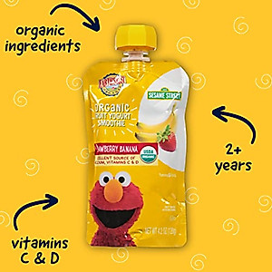 Earth's Best Organic Kids Snacks, Sesame Street Toddler Snacks, Organic Fruit Yogurt Smoothie for Toddlers 2 Years and Older, Strawberry Banana, 4.2 oz Resealable Pouch