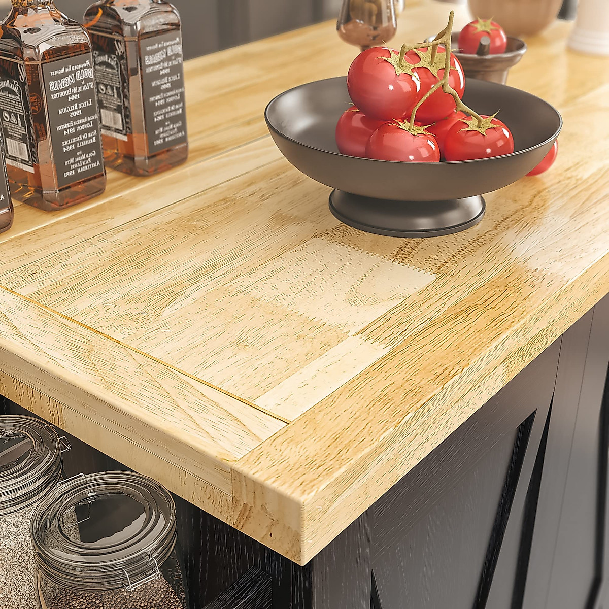 IRONCK Rolling Kitchen Island Cart with Drop-Leaf Countertop, Barn 3Drawers, Barn Door Style Cabine,Thicker Rubberwood Top, Spice Rack, on Wheels, for Kitchen and Dining Room, Black