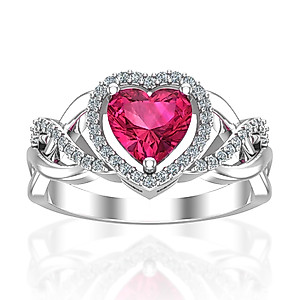 Belinda Jewelz - Heart Shaped Birthstone Ring, 7mm Cubic Zirconia Birthstone Rings for Women, 925 Sterling Silver Birthstone Rings, Promise Rings for Women, Created Ruby, Size 9