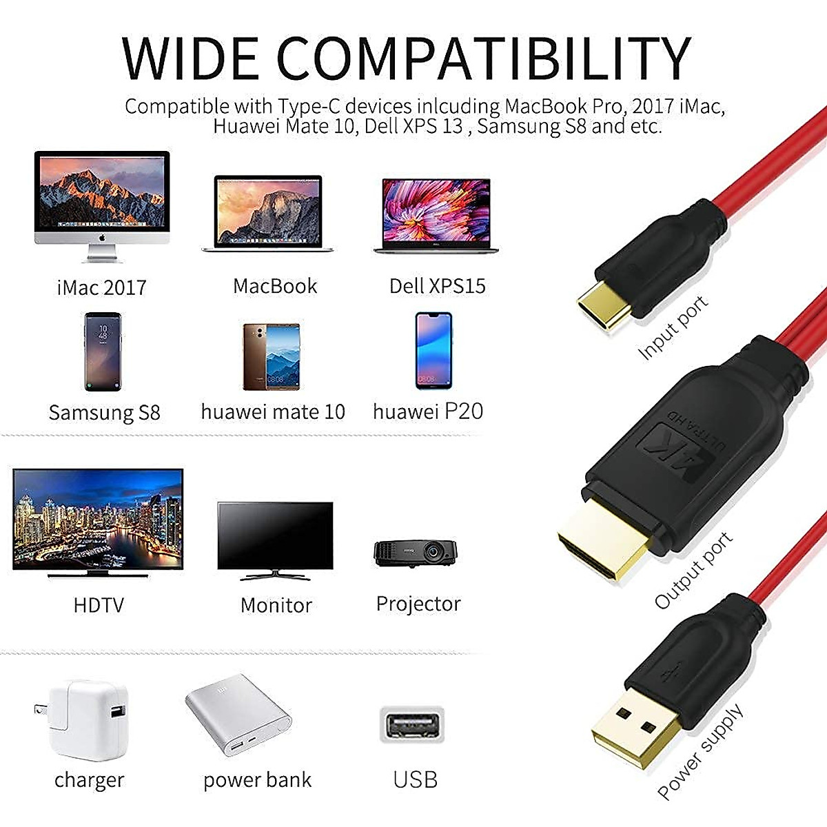 Kkf USB Type C to 4K HDMI Cable Adapter 6FT | High Speed HDMI Cables, 4K @ 30Hz, Ultra HD, Mobile Phone to TV Mirror Cable | for Laptop, Monitor, Fire TV (Type A Port only for Charging) (red)