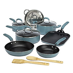 Goodful Cookware Set with Premium Non-Stick Coating, Dishwasher Safe Pots and Pans, Tempered Glass Steam Vented Lids, Stainless Steel Steamer, and Bamboo Cooking Utensils Set, 12-Piece, Turquoise