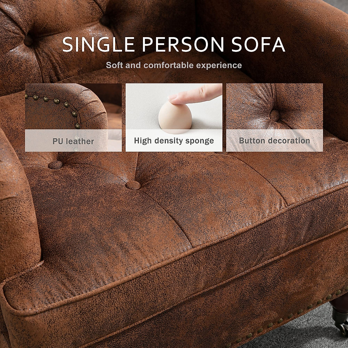 Nrizc Tufted Club Chair, Living Room Accent Chairs, Mid Century Modern Arm Chairs with Studded, Solid Wood Frame, for Living Room, Bedroom, Reading, or Office, Brown