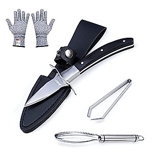 Jeslon Oyster Knife Set, Oyster Shucking Knives-Fish Scaler Remover-Slant Fish Bone Tweezers and Level 5 Protection Glove, Suitable for Oysters Lover, Much Safer Than Kitchen Knife