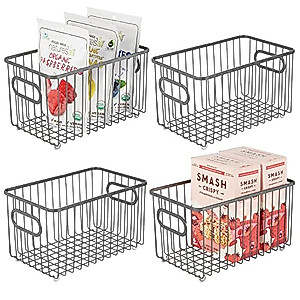mDesign Metal Farmhouse Kitchen Pantry Food Storage Organizer Basket Bin - Wire Grid Design - for Cabinet, Cupboard, Shelves, Countertop, Closet, Bedroom, Bathroom - 10" Long, 4 Pack - Graphite Gray