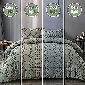 Green Tufted Comforter Set King Size (102×90 inches), Boho Shabby Chic Comforter Geometry Embroidery Bedding Set 3 Pieces (1 Comforter + 2 Pillowcases), Soft Microfiber Comforter for All Seasons