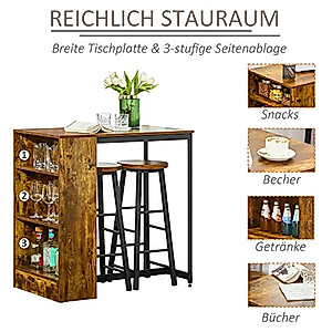 HOMCOM 3 Piece Industrial Dining Table Set, Counter Height Bar Table & Stools Set with Storage Shelf, Rustic Brown