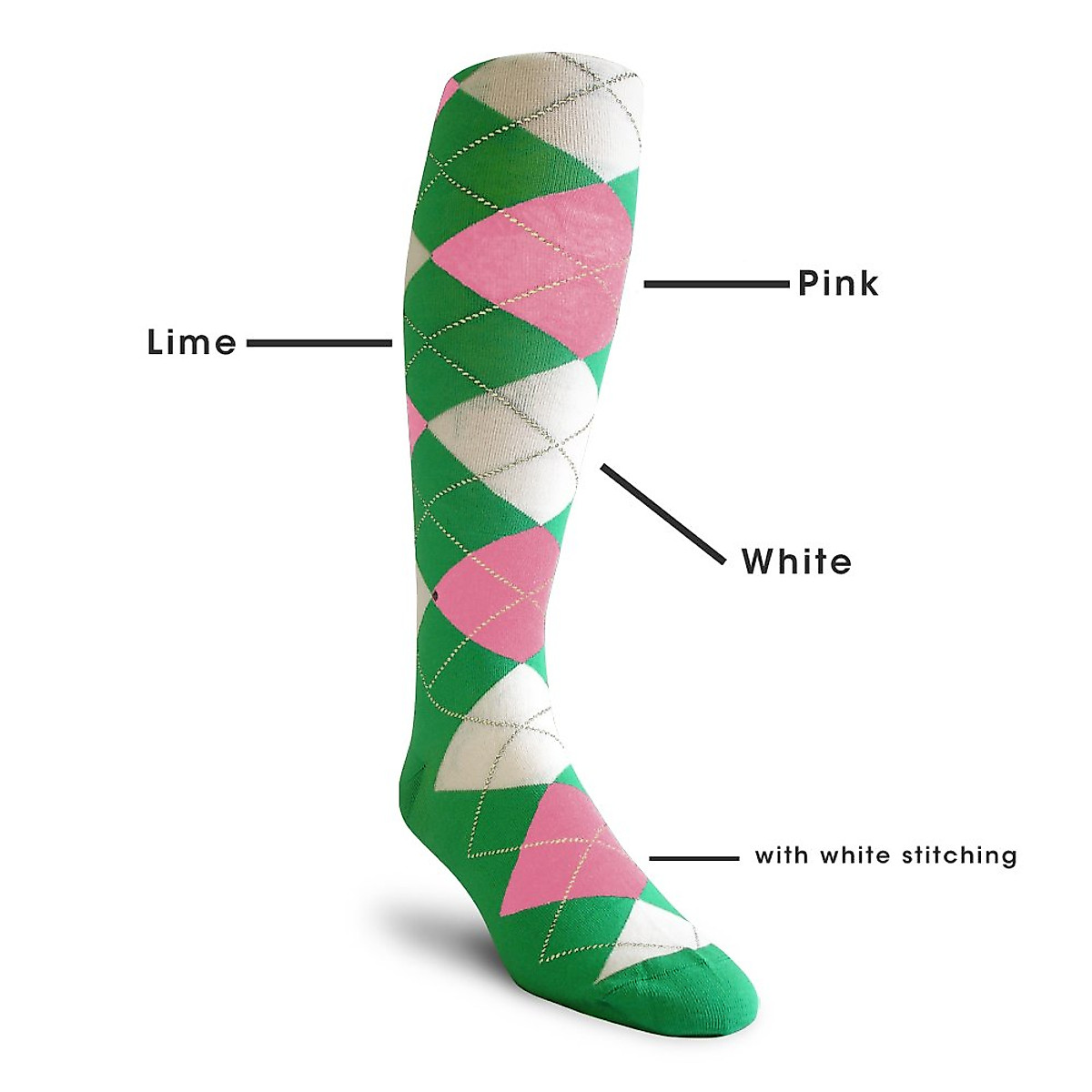 Golf Knickers Colorful Knee High Argyle Cotton Socks For Men Women and Youth - NNN: Lime/Pink/White - Ladies