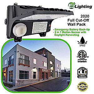 E2 Lighting-LED Full Cut-Off Wall pack-60W with 2-in-1 Motion Sensor and Daylight Harvest, 90 Minutes Emergency Battery Backup, Wall Mount, dimmable, ROHS - UL, and DLC Certified