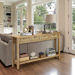 Wnutrees Farmhouse Console Table with 4 Rattan Drawers, 60" Long Narrow Boho Foyer Sofa Tables with Open Storage Shelves for Entryway,Hallway,Living Room, Natural