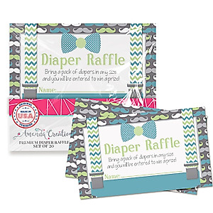 Amanda Creation Little Man Bow Tie, Mustache, & Suspenders Themed Diaper Raffle Tickets for Boy Baby Showers, 20 2" X 3” Double Sided Inserts, Bring a Pack of Diapers to Win Favors &