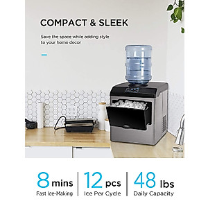 2 in 1 Ice Maker Countertop, 48LBS/24H Automatic Ice Stainless Steel Machine with Water Dispenser, ready in 8 Minutes, with Ice Scoop and 2.6 lb Ice Storage