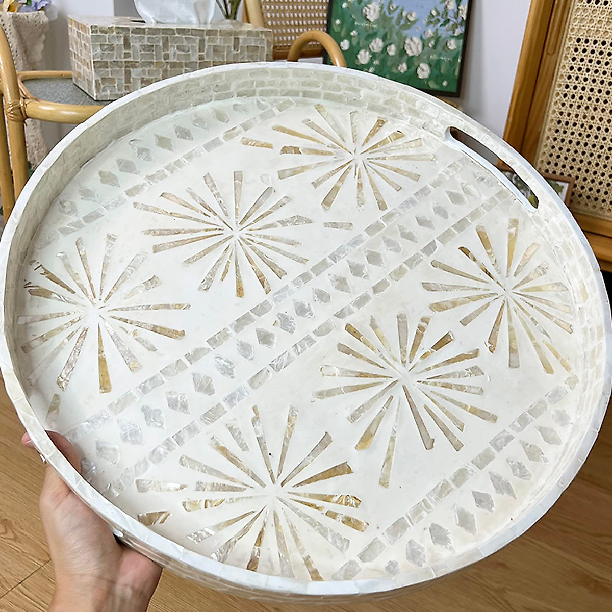 i-lan 18inch Mother of Pearl Decorative Round Kitchen Table Serving Trays- Décor White Mother of Pearl Inlay Coffee Table Tray with Handles for Display,Food, Catering, Catchall, XXL