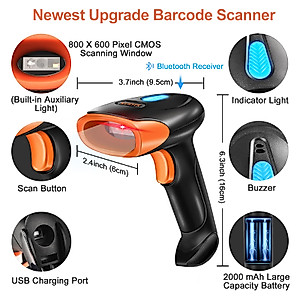 KUIIYER Bluetooth Barcode Scanner, Wireless 2D QR 1D Bar Code Scanners Handheld Barcode Reader with Updated 800 X 600 Pixel CMOS, Plug & Play for Warehouse, Library, Supermarket, Square POS System