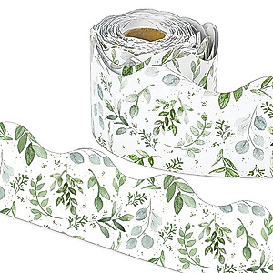 AnyDesign 65Ft Greenery Bulletin Borders Watercolor Eucalyptus Leaf Decorative Trim Border Green Leaves Board Trim for School Wall Blackboard Classroom DIY Crafts, 1 Roll