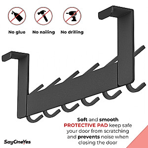 SAYONEYES Matte Black Over The Door Hooks - Heavy Duty Stainless Steel Door Hanger Holder with 6 Double Hooks for Hanging Coat Robe Hat Bag Towel Rack Bathroom, Bedroom – 2 Pack