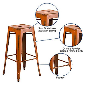 EMMA + OLIVER Commercial Grade 30" H Backless Distressed Orange Metal Indoor-Outdoor Barstool