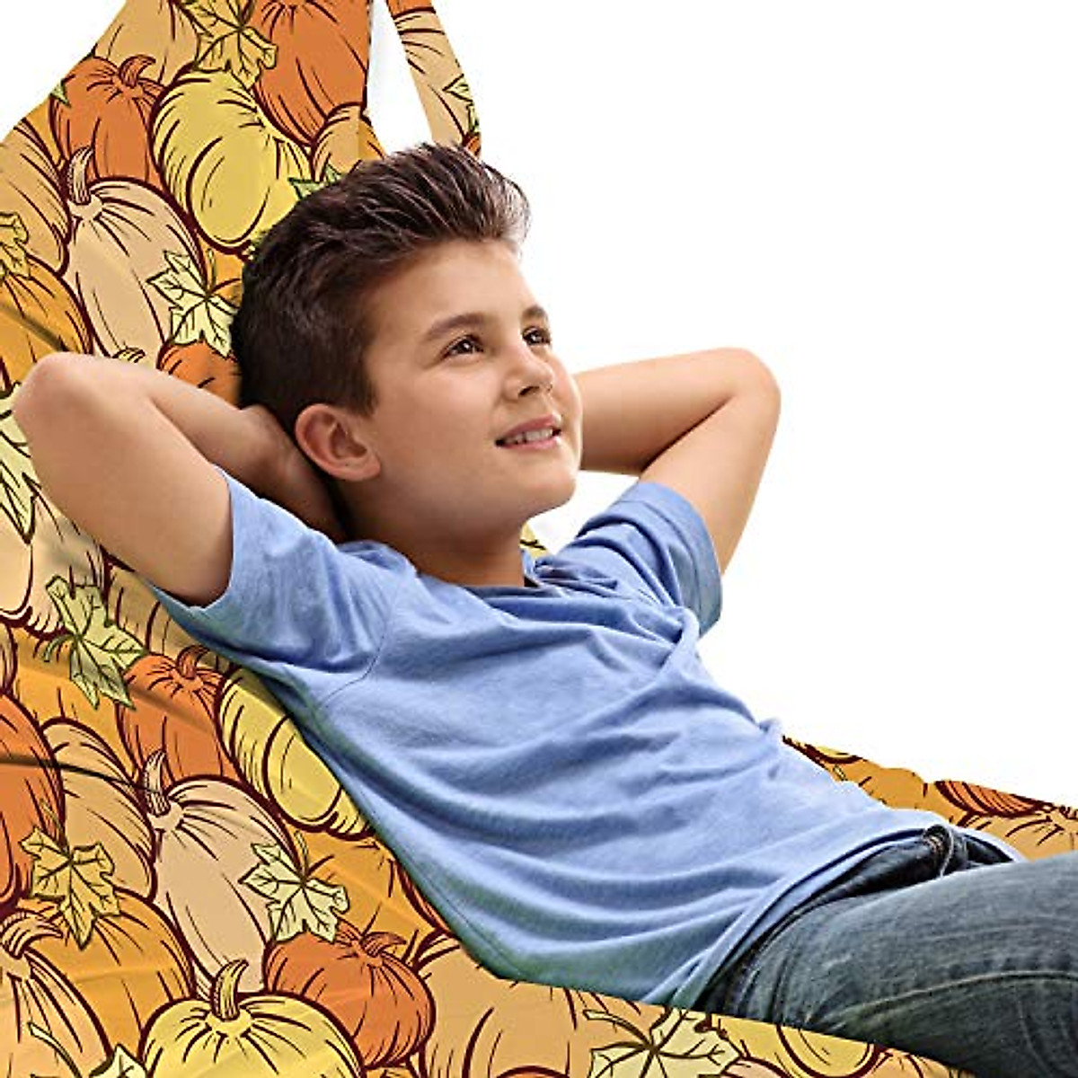Lunarable Pumpkin Lounger Chair Bag, Hand Drawn Cartoon Pattern of Seasonal Fruits and Leaves Fall Themed Illustration, High Capacity Storage with Handle Container, Lounger Size, Multicolor