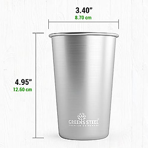 #1 Premium Stainless Steel Cups 16 oz/ 475ml Pint Cup Tumbler (4 Pack) by Greens Steel - Premium Metal Cups - Stackable Durable Cup