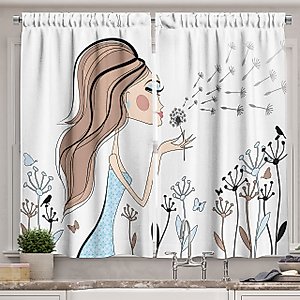 Ambesonne Retro Kitchen Curtains, Fashion Woman with Dandelion Flower Spring Wind Garden Sketchy Illustration, Window Drapes 2 Panel Set for Kitchen Cafe Decor, 55" x 39", Blue