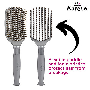(All New) KareCo Tangle Buster Flexible Paddle Brush, Detangler & Styler for All Hair Types | Dual Nylon and Boar Bristles (9 Fingers)