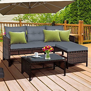 COSTWAY 3PCS Patio Wicker Rattan Sofa Set Outdoor Sectional Conversation Set Lawn Garden Gery