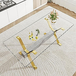 Glass Dining Table for 4, 79" Modern Kitchen Dining Room Table with Rectangular Tempered Glass Tabletop and Gold Plated Metal Legs for Dining Room (Gold)