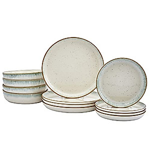 Tabletops Gallery Speckled Farmhouse Collection- Stoneware Dishes Service for 4 Dinner Salad Appetizer Dessert Plate Bowls, 12 Piece Hanover Dinnerware Set in Teal