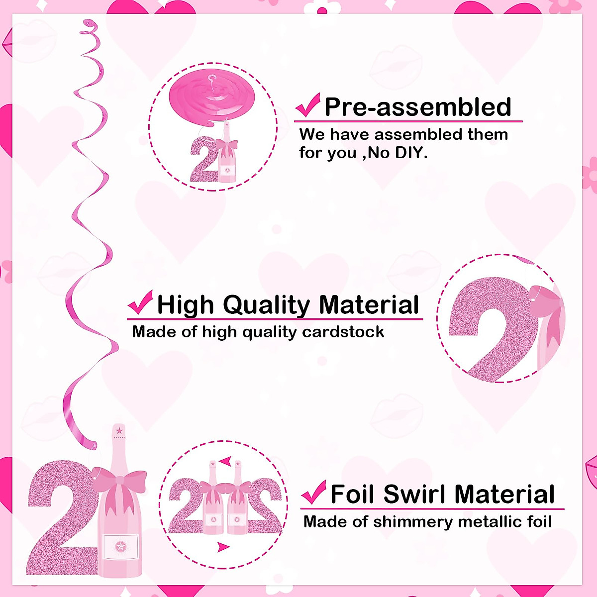 21st Birthday Hanging Swirls Decorations, Pink Champagne Wine Bottle 21st Birthday Decorations for Her, Happy 21st Birthday Party Decorations for Women Girl, Twenty-One Year Old Birthday Decoration