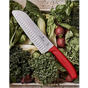 Victorinox 6.8521.17G Swiss Classic Santoku Knife for General-Purpose Slicing, Dicing, Mincing, and Everything In Between Fluted Edge Blade in Red, 6.7 inches