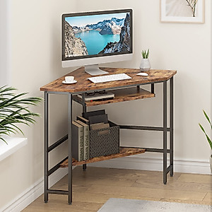 soges Corner Desk for Small Space, Computer Desk with Storage Shelf and Keyboard Tray, Triangle Vanity Desk with Sturdy Metal Frame, Compact Home Office Table, Rustic Brown