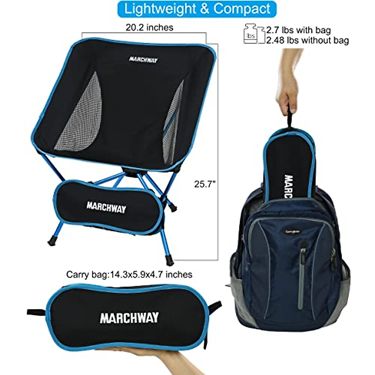 MARCHWAY Lightweight Folding Camping Chair, Stable Portable Compact for Outdoor Camp, Travel, Beach, Picnic, Festival, Hiking, Backpacking, Supports 330Lbs (Blue)