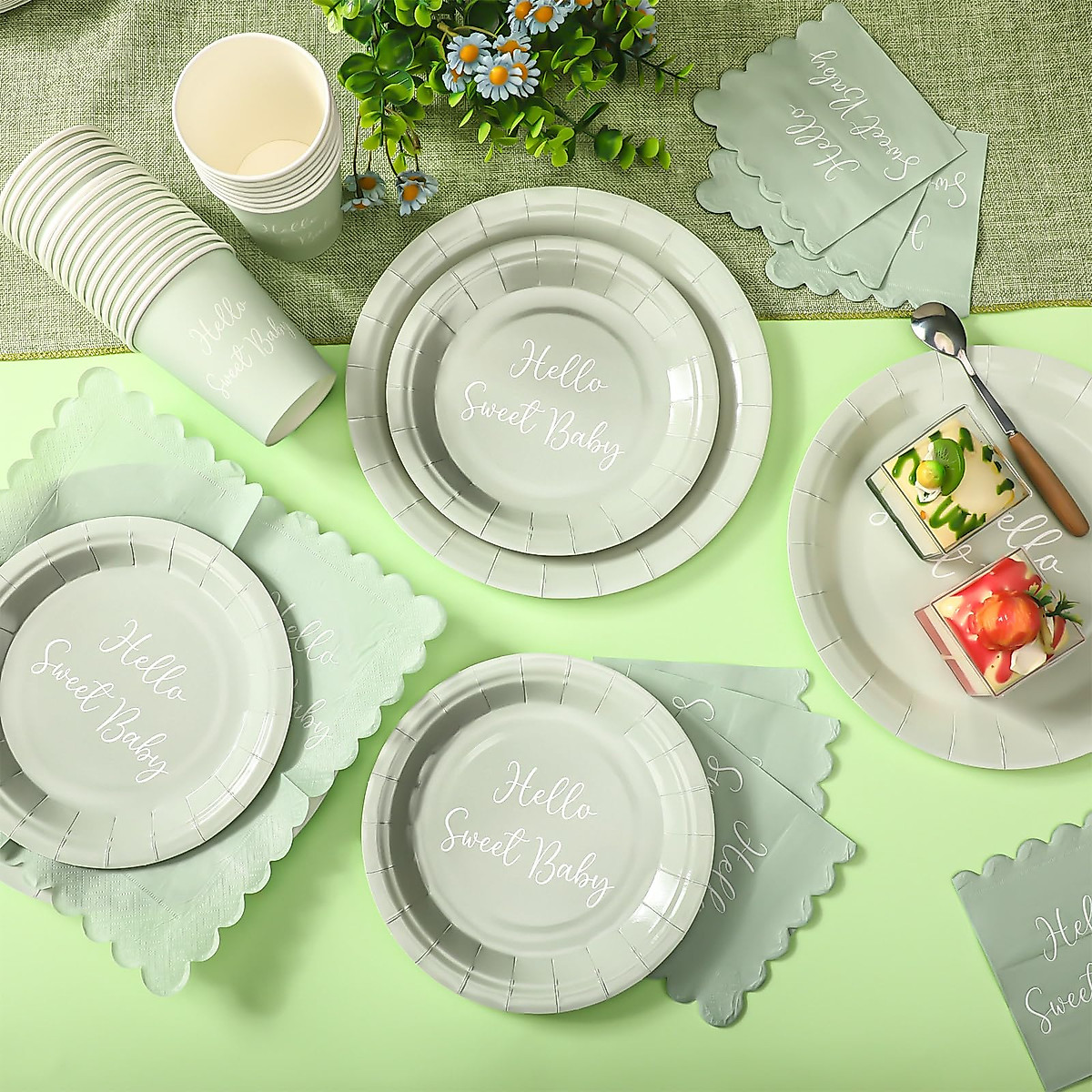 Mifoci 122 Pcs Baby Shower Sage Green Party Supplies Include 7 Inch 9 Inch Disposable Sage Green Paper Plates 9 oz Paper Cup Sage Green Napkin Cocktail Napkins