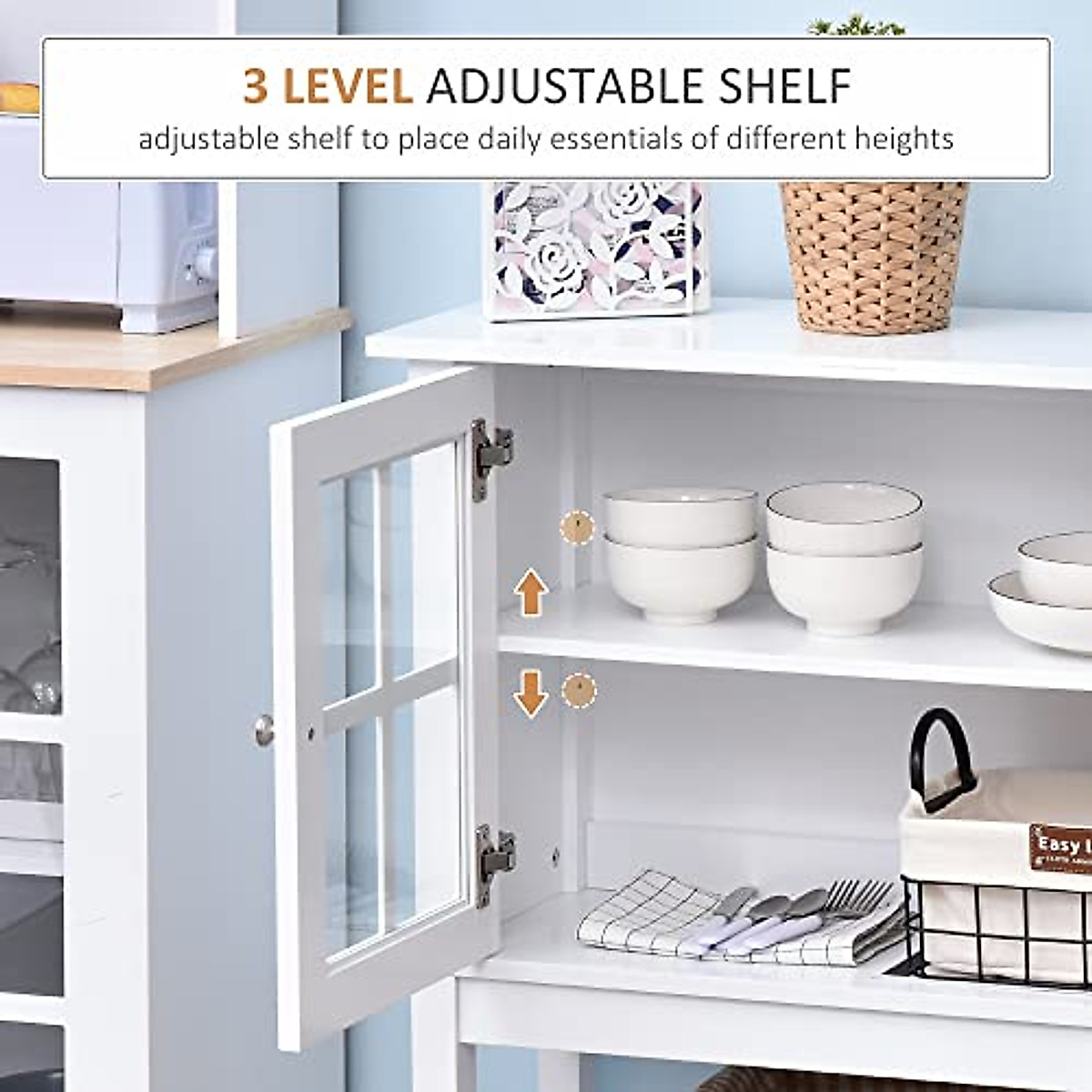 HOMCOM Coffee Bar Cabinet, Modern Sideboard Buffet Cabinet, Kitchen Cabinet with 2 Glass Doors, Adjustable Inner Shelving and Bottom Shelf, White