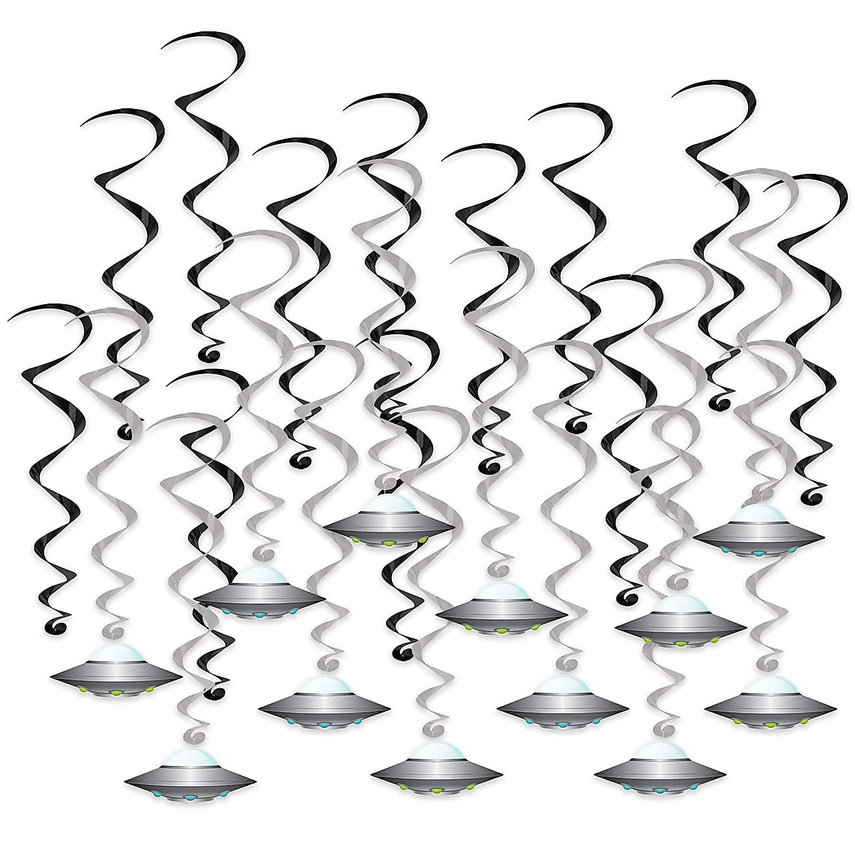 Beistle 24 Piece Flying Saucer Whirls Hanging Spirals, 17.5" - 25", Black/Silver/White/Blue/Green