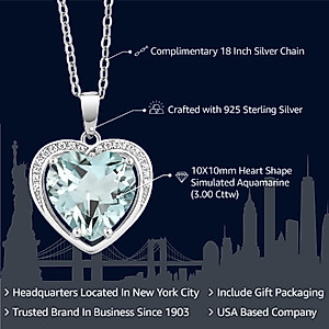 Gem Stone King 925 Sterling Silver Simulated Aquamarine Pendant Necklace For Women (3.00 Cttw, Heart Shape 10MM, With 18 Inch Silver Chain)