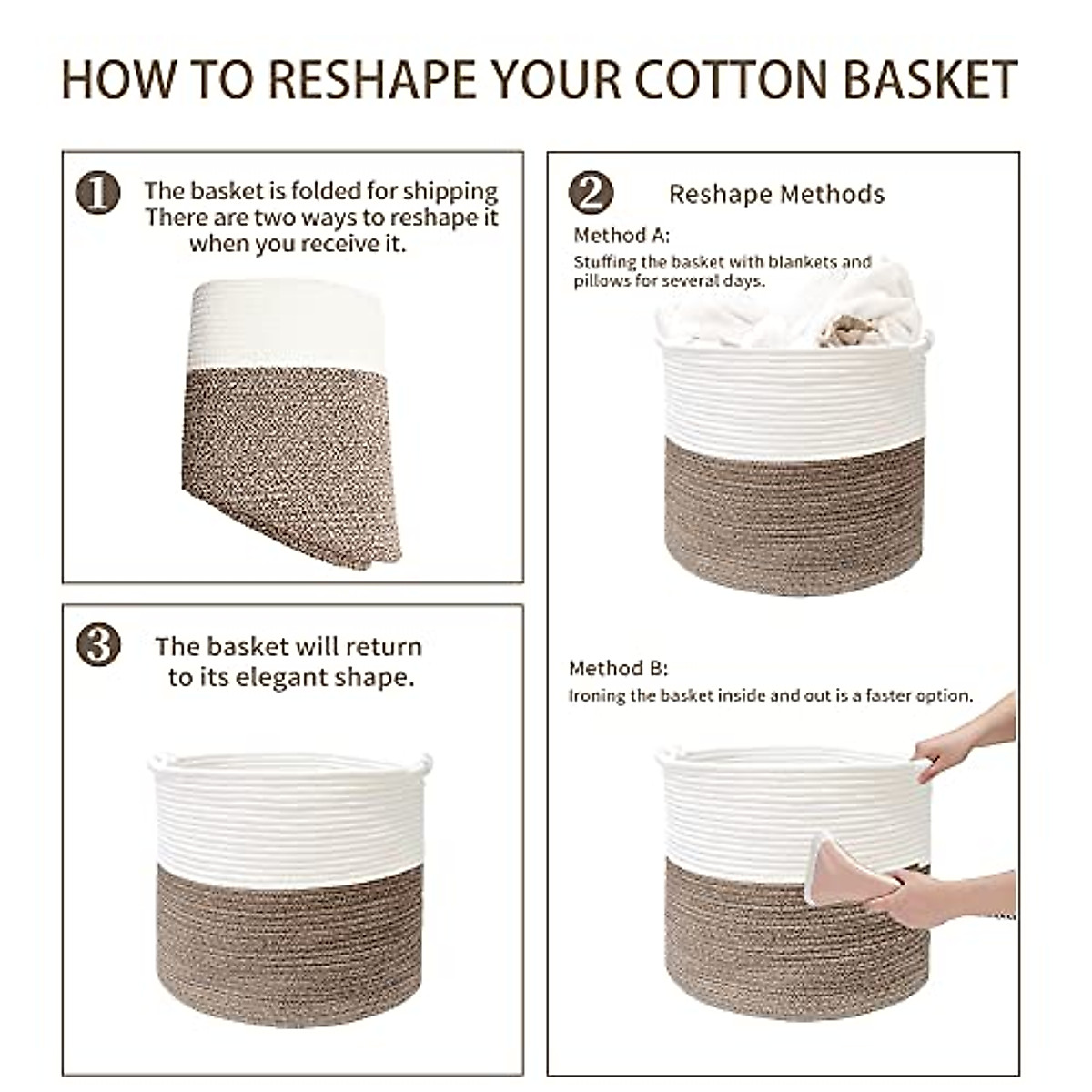 NamRamo Blanket Basket Living Room 15.8" x 15.8" x 13.8", Large Basket Baby Toy Basket, Cotton Rope Laundry Basket with Handle, Rope Basket, Woven Storage Basket, White & Brown Hamper