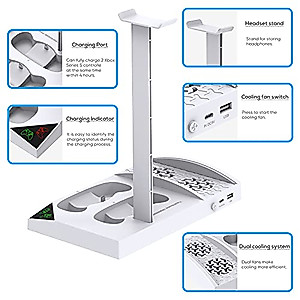 Upgraded Vertical Cooling Fan Stand for Xbox Series S, Cooler Fan System Dual Controller Charging Dock Station with 2 x 1400mAh Rechargeable Battery Pack, Headphone Bracket for Xbox Series S (White)