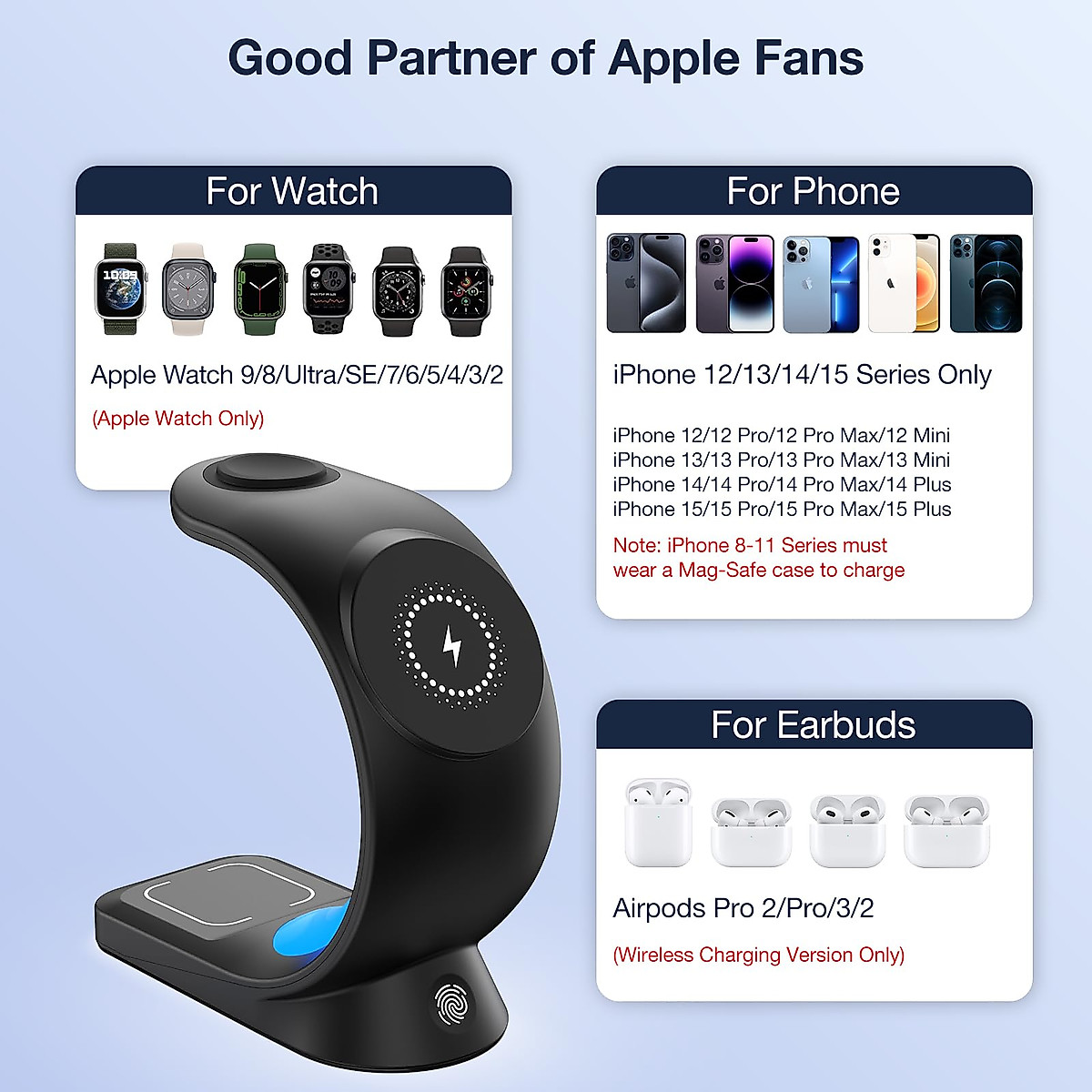 Magnetic Multi Wireless Stand Compatible with Apple MagSafe Charger with RGB LED Night Light, 3 in-1 Fast Charger Station for iPhone 15/14/13/12 Series(Pro, Max), for iWatch 2 to 9 and Airpods (Black)