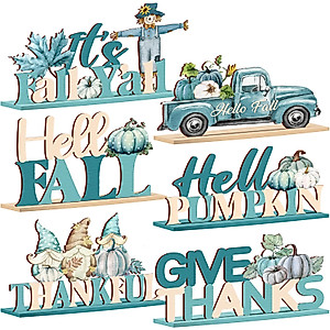 Quzzil 6 Pcs Thanksgiving Wooden Sign Blue Autumn Table Decoration Pumpkin Centerpieces Hello Fall Tabletop Decor for Harvest Farmhouse Home Tables Decor Thanksgiving Theme Party Decorations Supplies