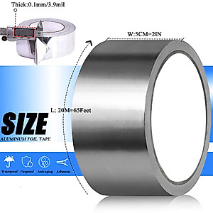 Premium Aluminum Foil Tape, Silver Duct Tape Heavy Duty, Metal, Heat Resistant, Waterproof, High Temperature Sealing Adhesive Tape for Ductwork Dryer Vent HVAC Insulation (2in x 65ft x 3.9mil, 1 Roll)