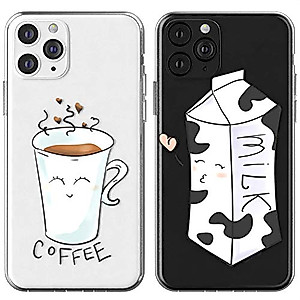 Toik Matching Couple Cases for Apple iPhone 11 Pro Xs Max Xr 10 X 8 Plus 7 6s 5s SE White Kawaii BFFs Milk Print Gift Slim Design Black Clear Lightweight TPU Boyfriend Soulmate Coffee Apple Cute