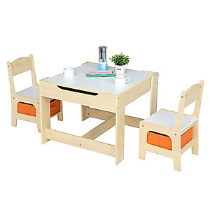 Guangshuohui Wood Table & 2 Chairs Set, 3 in 1 Activity Table w/Storage, Removable Tabletop, Blackboard, 3-Piece Furniture Set for Art, Crafts, Drawing, Reading, Playroom (Wood Color)