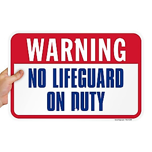 SmartSign 12 x 18 inch “Warning - No Lifeguard On Duty” Metal Sign with Symbols, 63 mil Laminated Rustproof Aluminum, Blue/Red on White