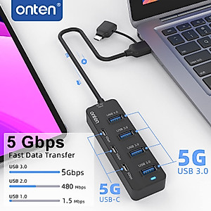 Onten USB C Hub,7 Ports USB 3.0 Hub with USB C to USB 3.0 Adapter,USB C Splitter with 3.2 ft Cable 4*USB3.0 Ports,3*USB C Ports for Thunderbolt3/4 MacBook Surface Pro and More USB/USB C Devices
